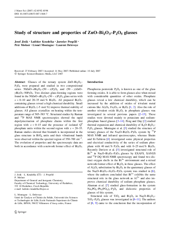 (PDF) Study of structure and properties of ZnO–Bi2O3–P2O5 glasses