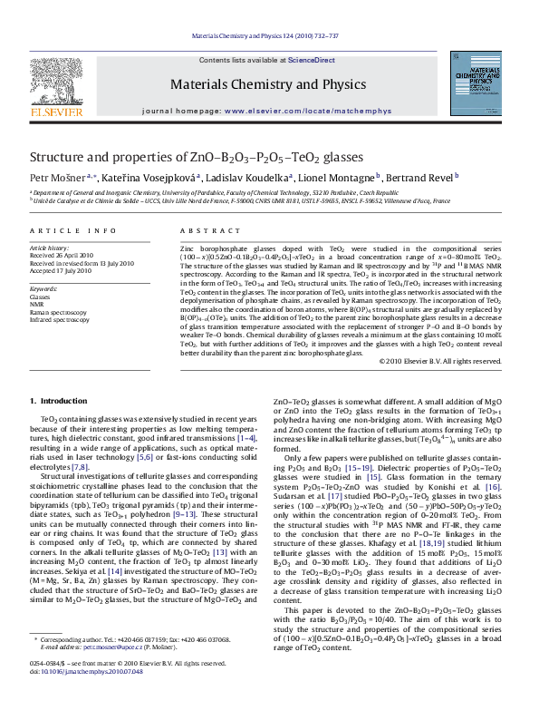 (PDF) Structure and properties of ZnO–B2O3–P2O5–TeO2 glasses