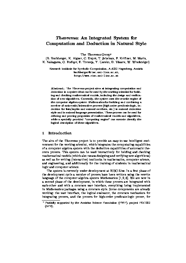 (PDF) Theorema: An Integrated System for Computation and Deduction in Natural Style