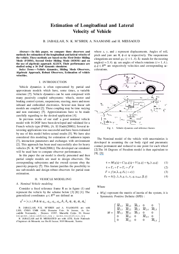Pdf Estimation Of Longitudinal And Lateral Velocity Of Vehicle Hassani Messaoud