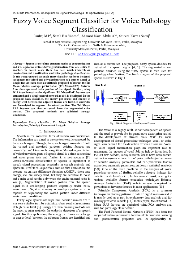 Pdf Fuzzy Voice Segment Classifier For Voice Pathology Classification