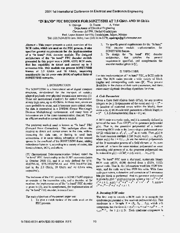 (PDF) In band" FEC decoder for sonet/SDH at 2.5 Gbit/s and 10 Gbit/s