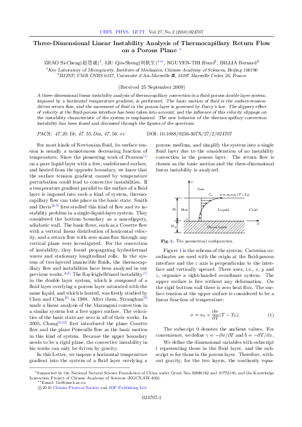 (PDF) Three-Dimensional Linear Instability Analysis of Thermocapillary Return Flow on a Porous Plane