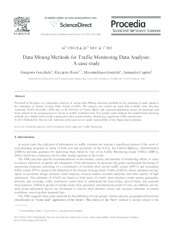 (PDF) Data Mining Methods for Traffic Monitoring Data Analysis: A case study