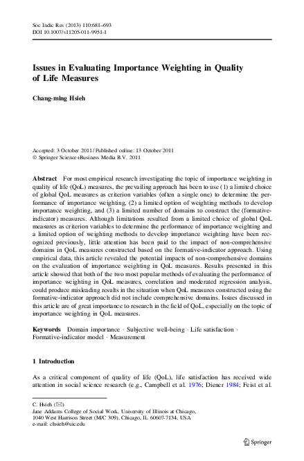(PDF) Issues in Evaluating Importance Weighting in Quality of Life Measures
