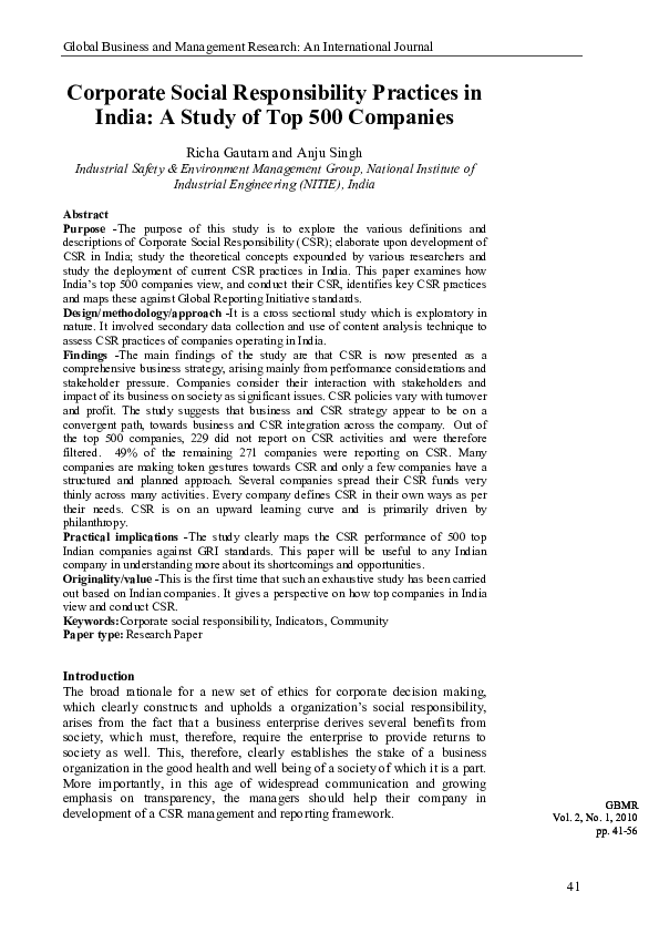 (PDF) Corporate Social Responsibility Practices in India: A Study of Top 500 Companies