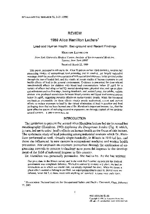 (PDF) 1989 Alice Hamilton lecture. Lead and human health: background ...