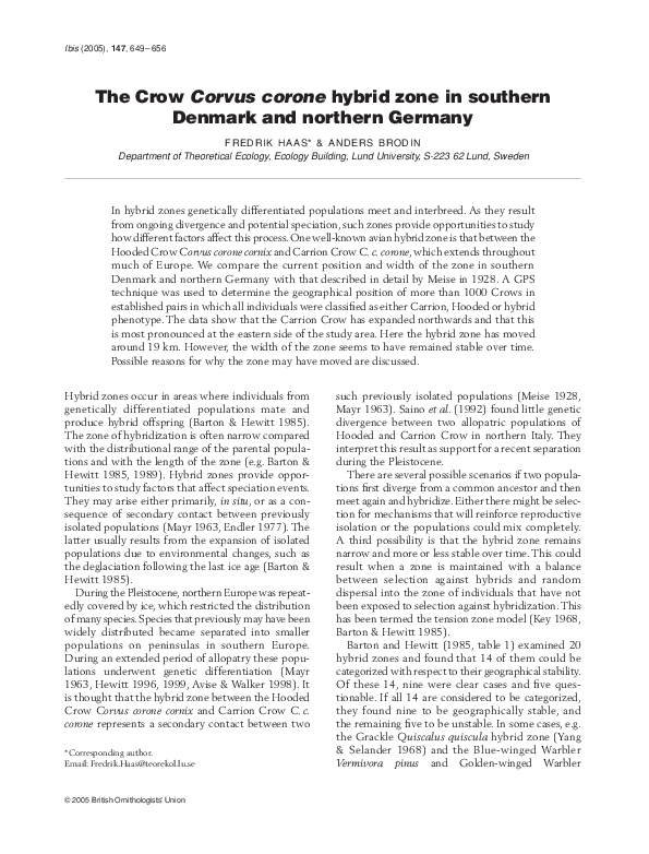 (PDF) The Crow Corvus corone hybrid zone in southern Denmark and northern Germany