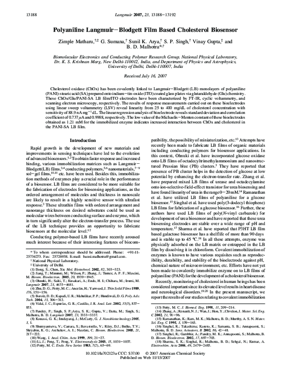 (PDF) Polyaniline Langmuir−Blodgett Film Based Cholesterol Biosensor
