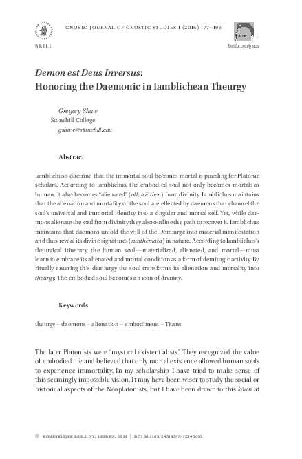 (PDF) Demon est Deus Inversus: Honoring the Daemonic in Iamblichean Theurgy