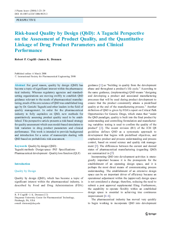 (PDF) Risk-based Quality by Design (QbD): A Taguchi Perspective on the ...