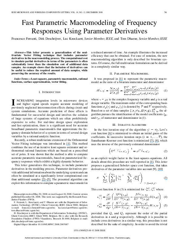 (PDF) Fast Parametric Macromodeling of Frequency Responses Using Parameter Derivatives | Tom ...
