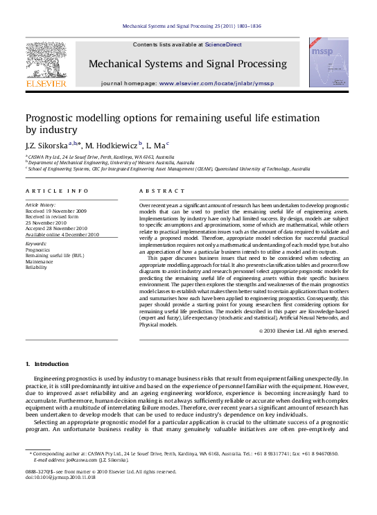 Pdf Prognostic Modelling Options For Remaining Useful Life Estimation