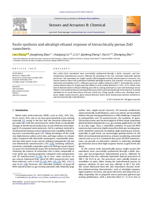 (PDF) Facile synthesis and ultrahigh ethanol response of hierarchically porous ZnO nanosheets