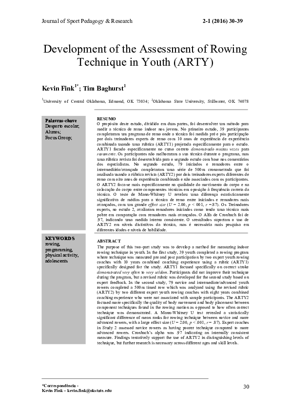 (PDF) Development of the Assessment of Rowing Technique in Youth (ARTY
