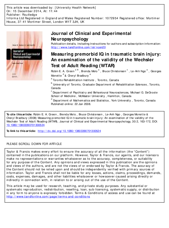 (PDF) Measuring premorbid IQ in traumatic brain injury: An examination ...
