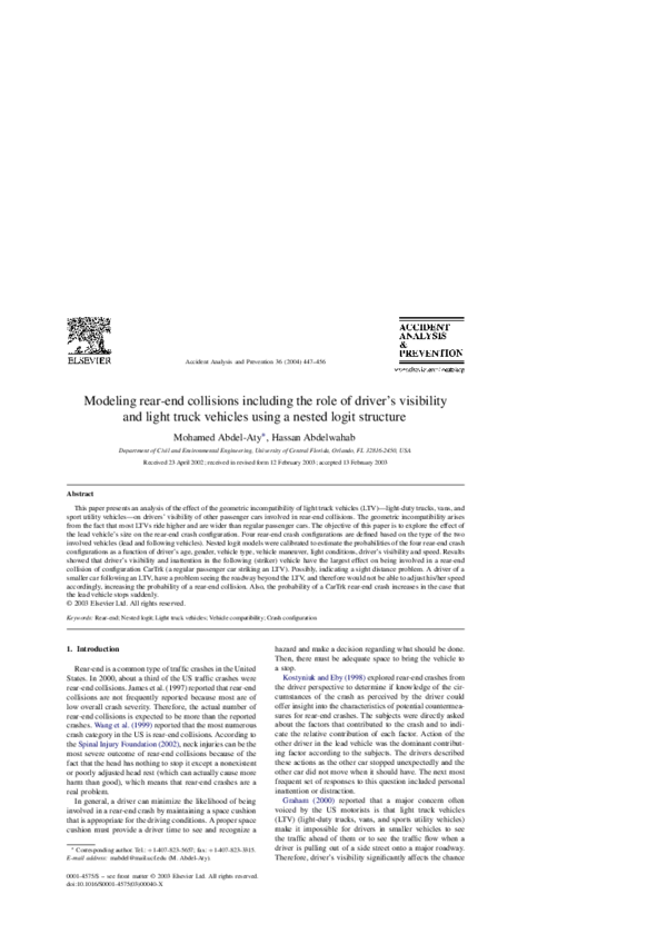(PDF) Modeling rear-end collisions including the role of driver’s ...