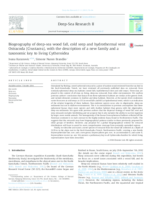 (PDF) Biogeography of deep-sea wood fall, cold seep and hydrothermal ...