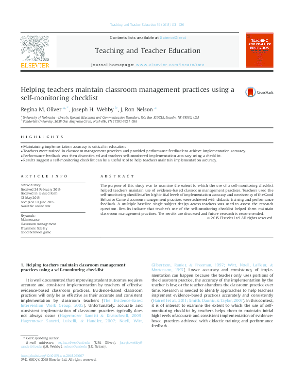 (PDF) Helping Teachers Maintain Classroom Management Practices using a ...