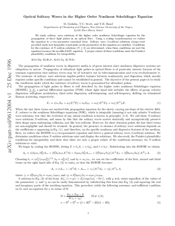 (PDF) Optical Solitary Waves in the Higher Order Nonlinear Schrödinger ...