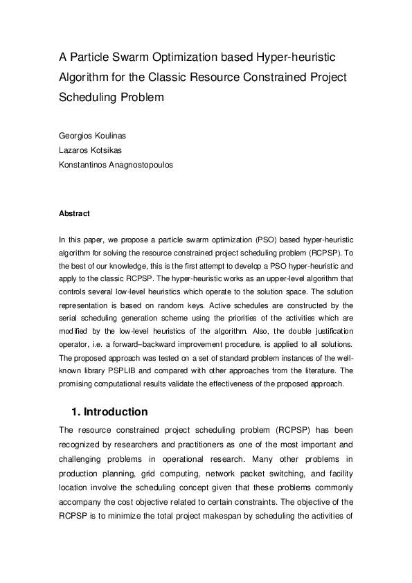 Pdf A Particle Swarm Optimization Based Hyper Heuristic Algorithm For The Classic Resource 5295