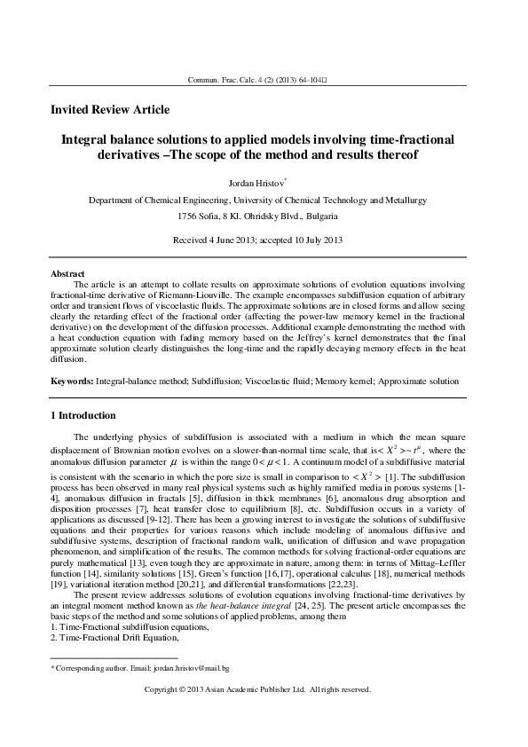 Pdf Integral Balance Solutions To Applied Models Involving Time Fractional Derivatives A