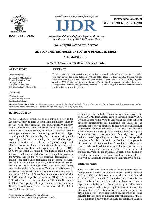 Pdf An Econometric Model Of Tourism Demand In India
