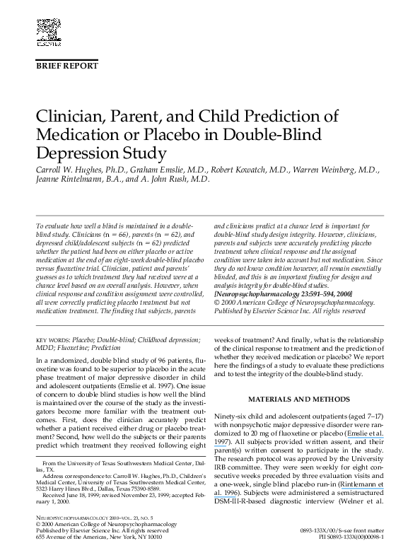 (PDF) Clinician, Parent, and Child Prediction of Medication or Placebo ...