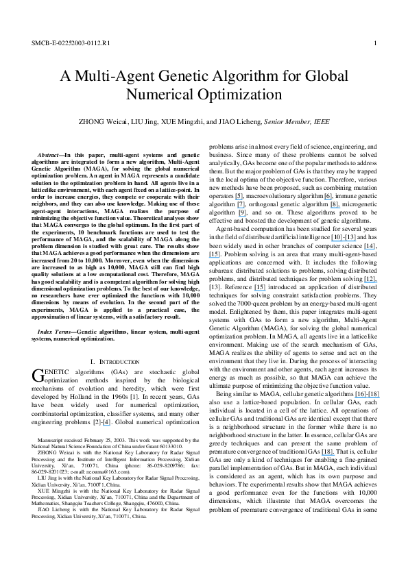 Pdf A Multiagent Genetic Algorithm For Global Numerical Optimization 5086