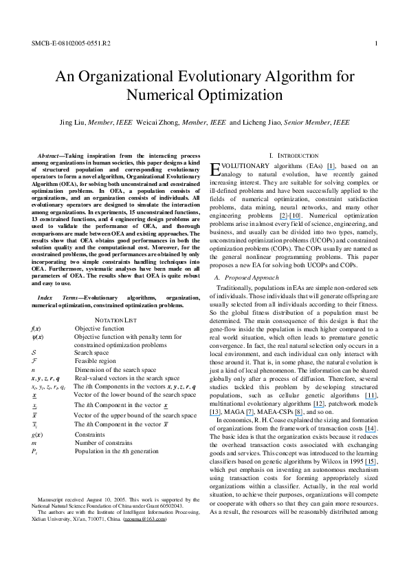 Pdf An Organizational Evolutionary Algorithm For Numerical Optimization