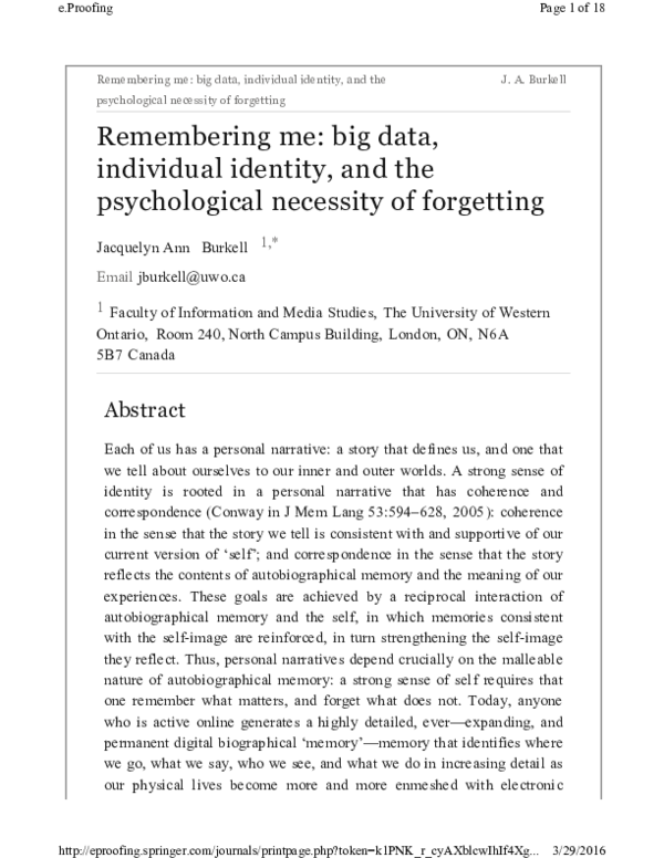 (PDF) Remembering me: big data, individual identity, and the ...