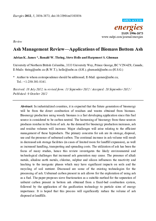 (PDF) Ash Management Review—Applications of Biomass Bottom Ash