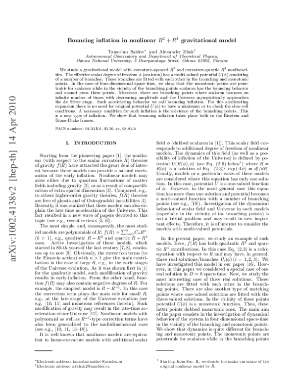 (PDF) Bouncing inflation in nonlinear $R^2+R^4$ gravitational model