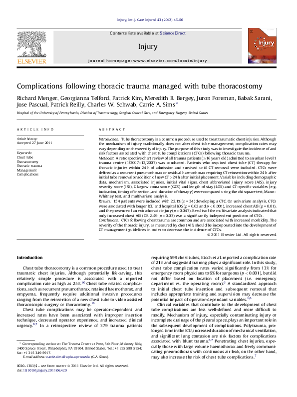 (PDF) Complications following thoracic trauma managed with tube ...