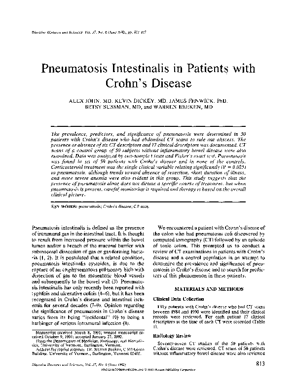 (PDF) Pneumatosis intestinalis in patients with Crohn's disease