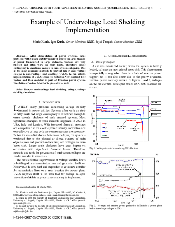 (PDF) Example of undervoltage load shedding implementation