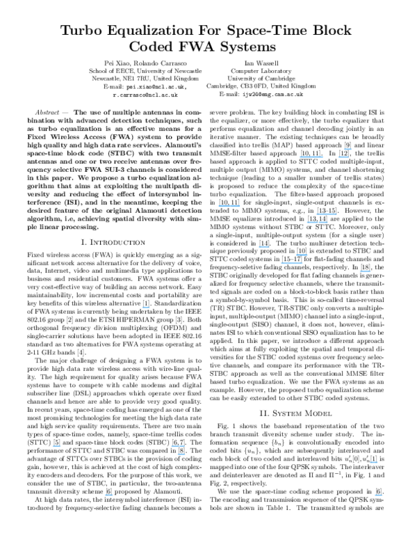 (PDF) Turbo Equalization For Space-Time Block Coded FWA Systems