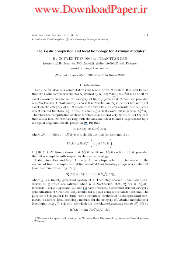 (PDF) The I-adic completion and local homology for Artinian modules