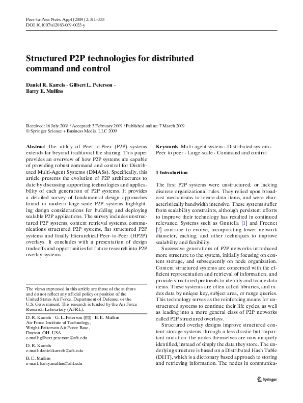 (PDF) Structured P2P technologies for distributed command and control