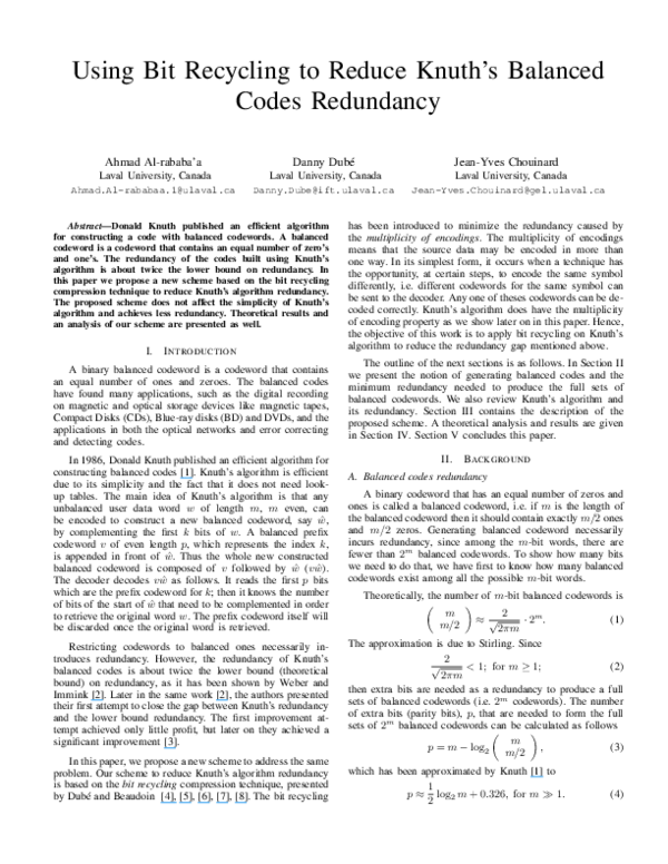 Pdf Using Bit Recycling To Reduce Knuths Balanced Codes Redundancy