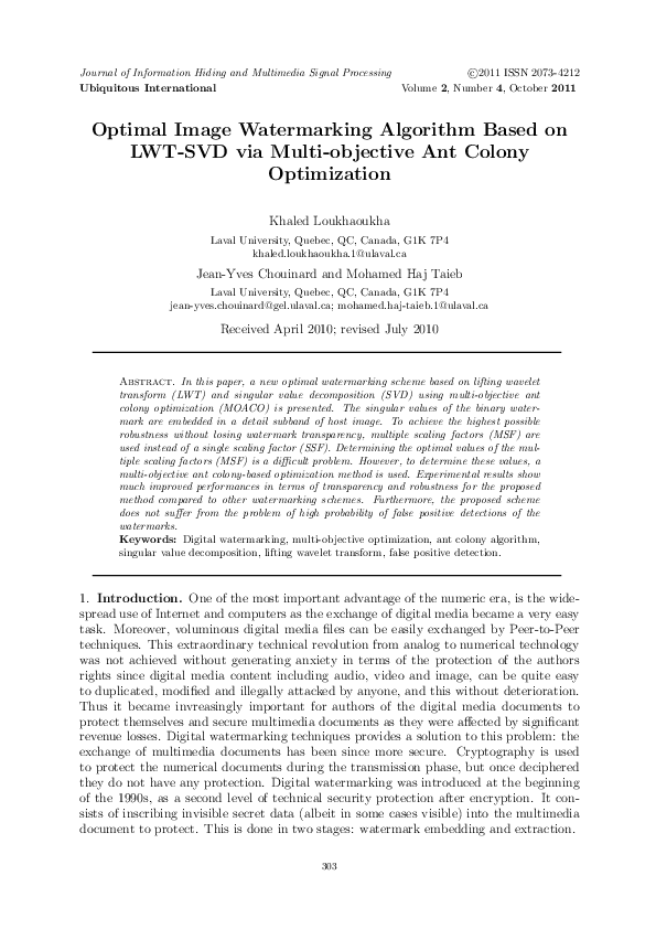 (PDF) Optimal Image Watermarking Algorithm Based on LWT-SVD via Multi-objective Ant Colony ...
