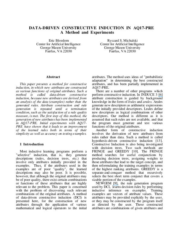 (PDF) Data-driven constructive induction in AQ17PRE: A method and experiments