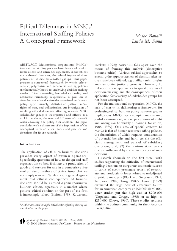 (PDF) Ethical Dilemmas in MNCs' International Staffing Policies A Conceptual Framework