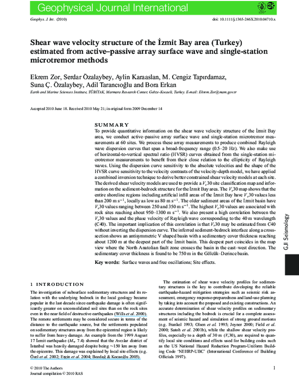 (PDF) Shear wave velocity structure of the Izmit Bay area (Turkey) estimated from active-passive ...