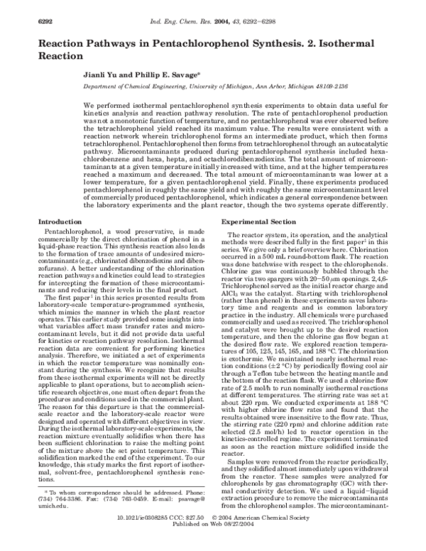 (PDF) Reaction Pathways in Pentachlorophenol Synthesis. 2. Isothermal ...