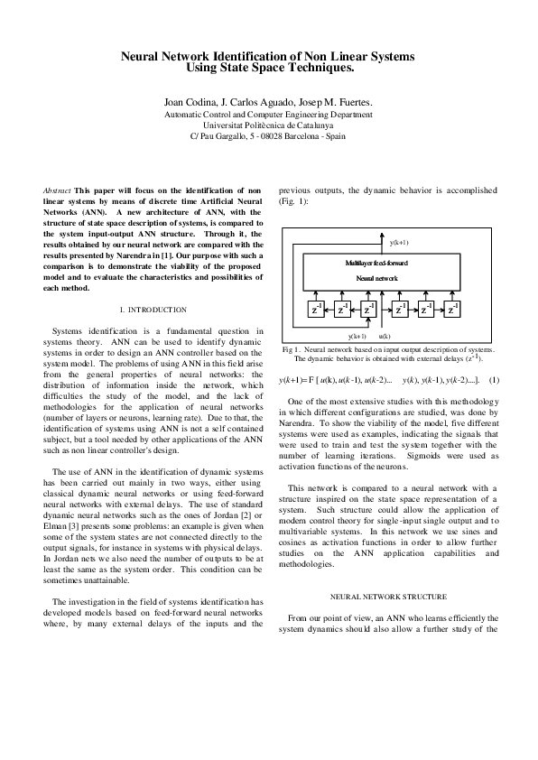 Pdf Neural Network Identification Of Non Linear Systems Using State Space Techniques Jose