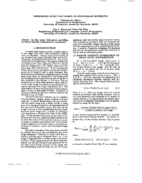 (PDF) Threshold selection based on histogram modeling