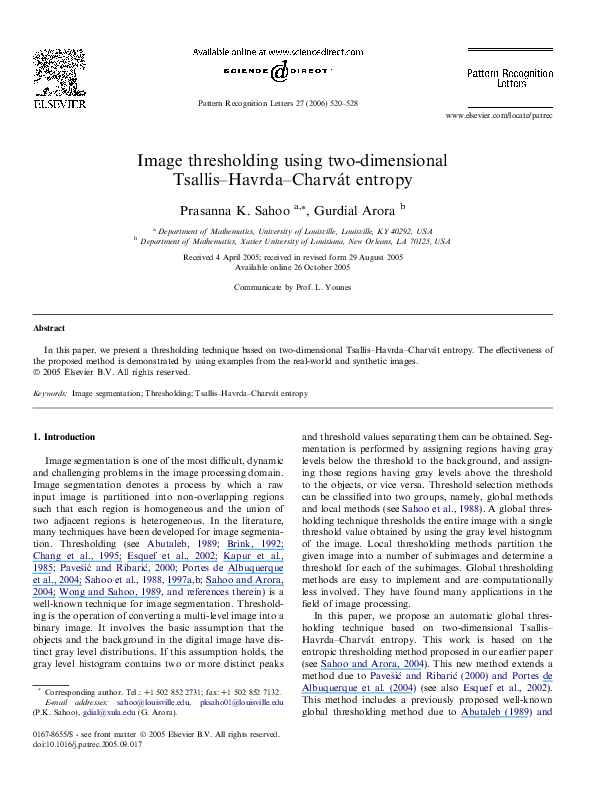 (PDF) Image thresholding using two-dimensional Tsallis-Havrda-Charvát entropy