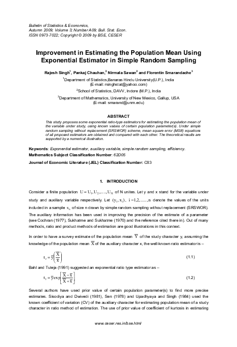 Pdf Improvement In Estimating The Population Mean Using Exponential Estimator In Simple Random
