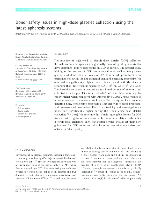 (PDF) Donor safety issues in high-dose platelet collection using the ...